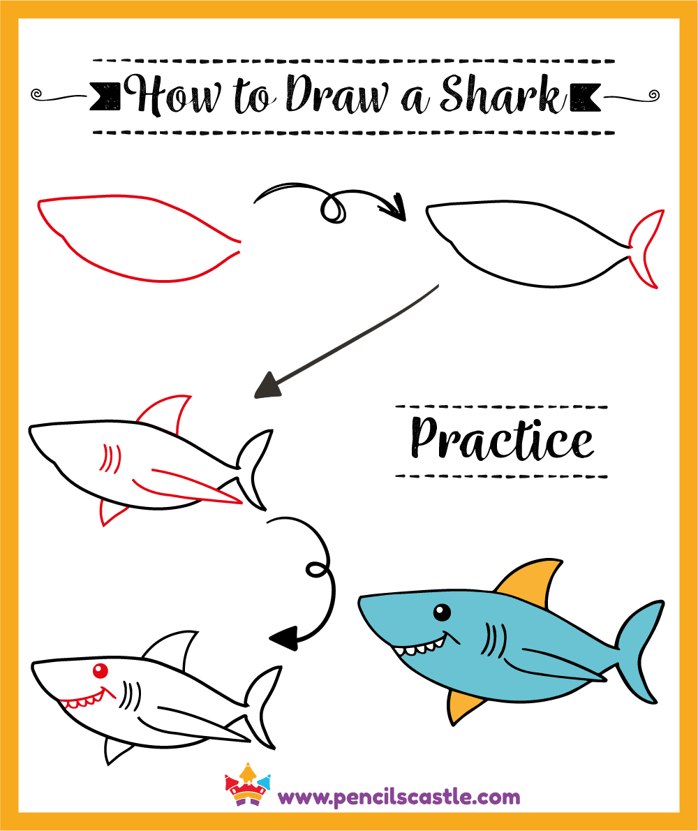 How to Draw a Shark for Kids ( Easy Drawing + Free PDF) - pencilscastle.com